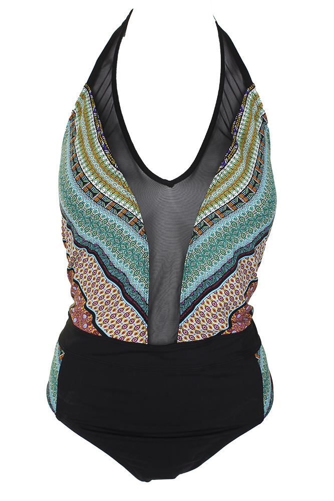 Bleu By Rod Beattie Black Multi Illusion V Neck Halter One Piece